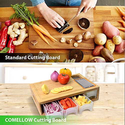 COMELLOW Bamboo Cutting Board with Containers, Lids, and Graters, Large Wood Chopping Board with Containers, Food Dropping Zone, Carving Board with Easy-grip Handle, Juice Groove