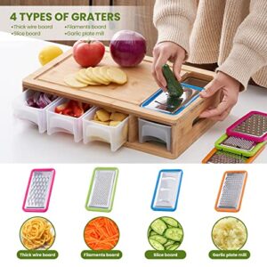 COMELLOW Bamboo Cutting Board with Containers, Lids, and Graters, Large Wood Chopping Board with Containers, Food Dropping Zone, Carving Board with Easy-grip Handle, Juice Groove