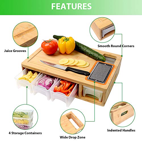 COMELLOW Bamboo Cutting Board with Containers, Lids, and Graters, Large Wood Chopping Board with Containers, Food Dropping Zone, Carving Board with Easy-grip Handle, Juice Groove