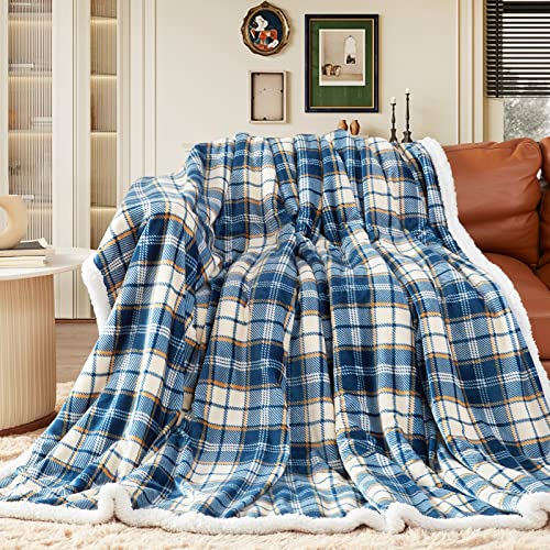 inhand Sherpa Throw Blanket, Plaid Warm Cozy Soft Throw Blankets for Couch, Bed, Sofa，Reversible Fluffy Plush Flannel Fleece Blankets and Throws for Adults Women Men(Navy Blue, 50”x 60”)