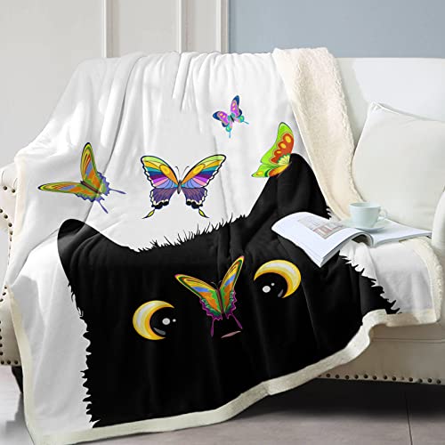 SOULZZZ Cat Blanket for Women Cozy Sherpa Cat Blankets and Throws Cute Soft Cat Blankets for Cat Lovers Girls Plush Kawaii Kitten Blanket with Butterfly Valentines Day Gifts (Black,80x60 Inches)