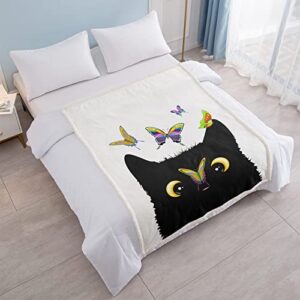 SOULZZZ Cat Blanket for Women Cozy Sherpa Cat Blankets and Throws Cute Soft Cat Blankets for Cat Lovers Girls Plush Kawaii Kitten Blanket with Butterfly Valentines Day Gifts (Black,80x60 Inches)