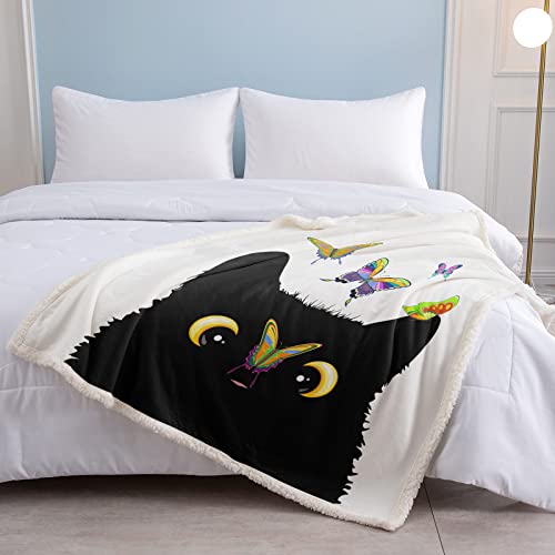 SOULZZZ Cat Blanket for Women Cozy Sherpa Cat Blankets and Throws Cute Soft Cat Blankets for Cat Lovers Girls Plush Kawaii Kitten Blanket with Butterfly Valentines Day Gifts (Black,80x60 Inches)