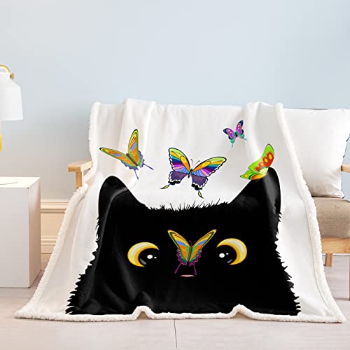 SOULZZZ Cat Blanket for Women Cozy Sherpa Cat Blankets and Throws Cute Soft Cat Blankets for Cat Lovers Girls Plush Kawaii Kitten Blanket with Butterfly Valentines Day Gifts (Black,80x60 Inches)