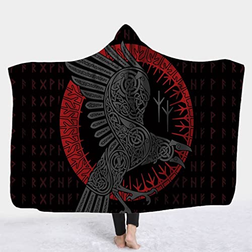 Vikings Throw Blanket Odin's Ravens Runes Hooded Blanket 3D Print Unisex Wearable Winter Warm Plush Sherpa Fleece Flannel Throw Cape Viking Crow Wrap Blanket ( Color : Red , Size : 80x60in/150x200cm )