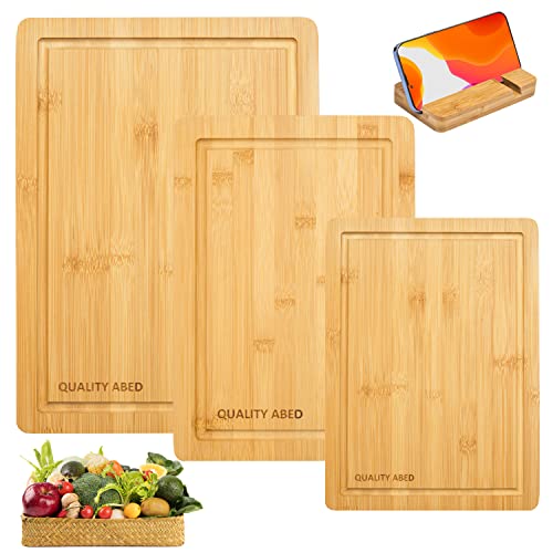 Wooden Cutting Boards for Kitchen: Set of 3 sizes - Bonus phone holder - With juice groove - For Meat Fish Vegetables Fruit - Strong and durable