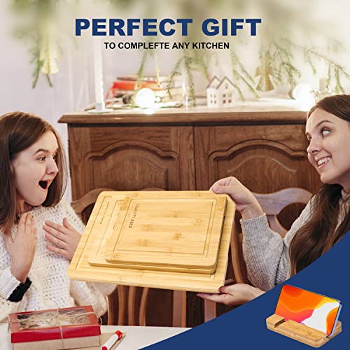 Wooden Cutting Boards for Kitchen: Set of 3 sizes - Bonus phone holder - With juice groove - For Meat Fish Vegetables Fruit - Strong and durable