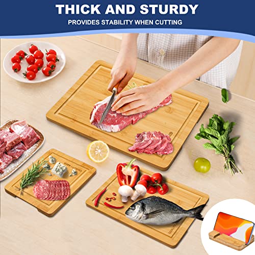 Wooden Cutting Boards for Kitchen: Set of 3 sizes - Bonus phone holder - With juice groove - For Meat Fish Vegetables Fruit - Strong and durable