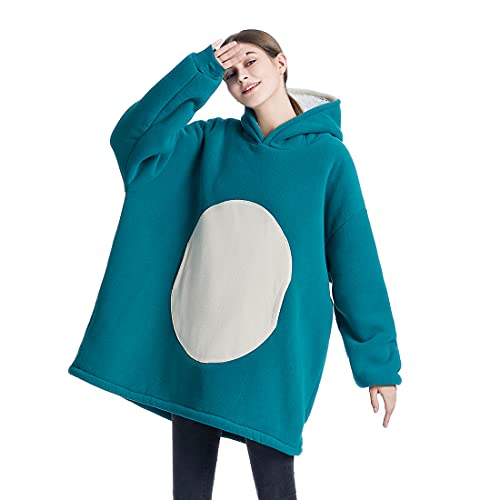 OGU' DEAL Cartoon Animal Wearable TV-Blanket Oversized Sherpa Loose Sweartshirt with Hood Pocket and Sleeves for Adults Men Women Teens One Size Fits All Blue