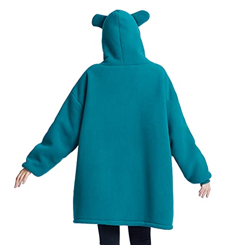 OGU' DEAL Cartoon Animal Wearable TV-Blanket Oversized Sherpa Loose Sweartshirt with Hood Pocket and Sleeves for Adults Men Women Teens One Size Fits All Blue