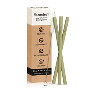 ibambo 10 pack natural bamboo straws - ecofriendly reusable straws, 8 inch biodegradable straws, compostable straws with straw cleaner, bamboo reusable straws alternative to plastic disposable straws