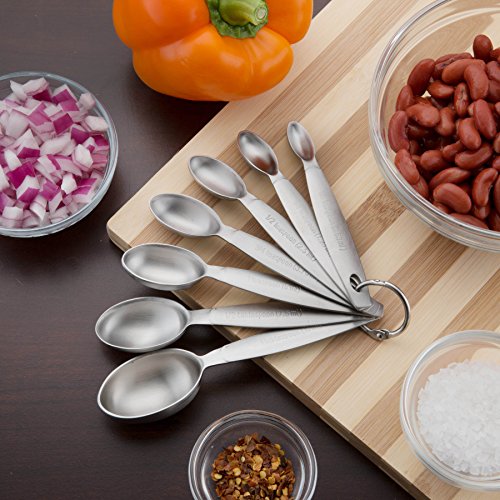 Spring Chef - Oval Stainless Steel Metal Measuring Spoons Set, Easy to Read Dual Measurements for Dry and Liquid Ingredients, Medicine and More, Kitchen Essentials, Set of 7