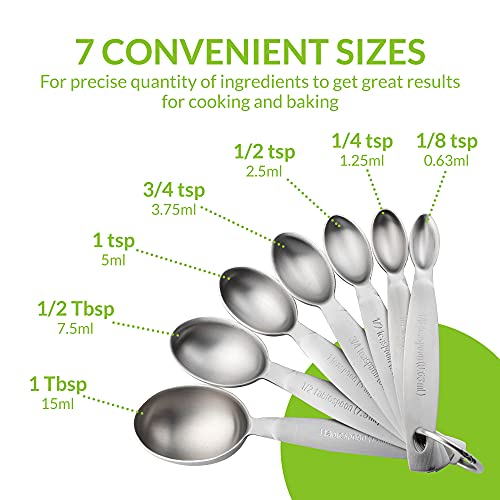 Spring Chef - Oval Stainless Steel Metal Measuring Spoons Set, Easy to Read Dual Measurements for Dry and Liquid Ingredients, Medicine and More, Kitchen Essentials, Set of 7