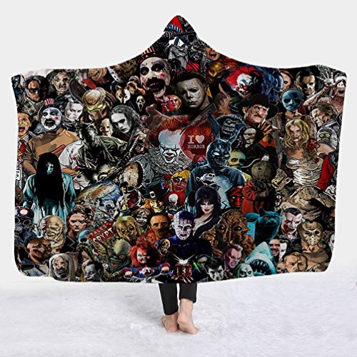 YEARGER Horror Movie Character Hooded Blanket for Adult Gothic Sherpa Fleece Wearable Throw Blanket Microfiber Bedding (110X145cm,C)