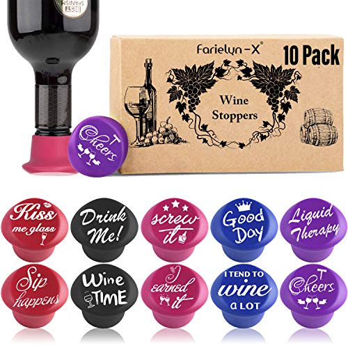 Farielyn-X 10 Funny Wine Bottle Stoppers and Gift Box, Cute Silicone Reusable Caps Bottle Sealers with a Funny Saying for Wine Beverage and Beer Bottles(Five Colors)