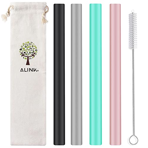 ALINK Reusable Silicone Boba Straws, Extra Large Bubble Tea Smoothie Straws for Popping Tapioca Pearl, Pack of 4 with Cleaning Brush and Case - 10 in x 14 mm - Black, Gray, Green, Pink