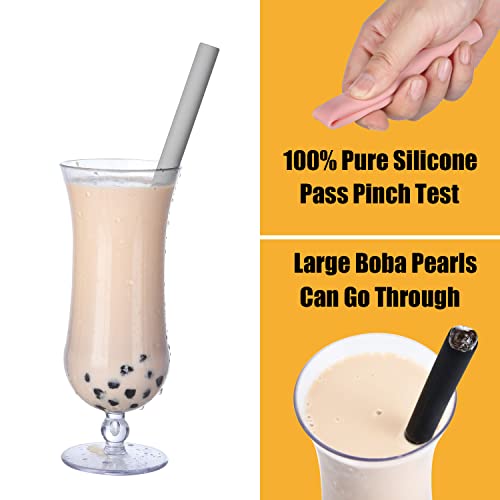 ALINK Reusable Silicone Boba Straws, Extra Large Bubble Tea Smoothie Straws for Popping Tapioca Pearl, Pack of 4 with Cleaning Brush and Case - 10 in x 14 mm - Black, Gray, Green, Pink