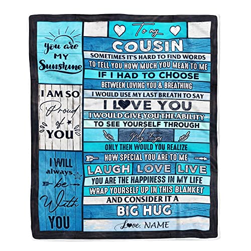 TeesNow Personalized to My Cousin Blanket from Family Wood Laugh Love Live Big Hug Cousin Birthday Graduation Christmas Customized Bed Fleece Throw Blanket (30 x 40 Inches - Baby Size)