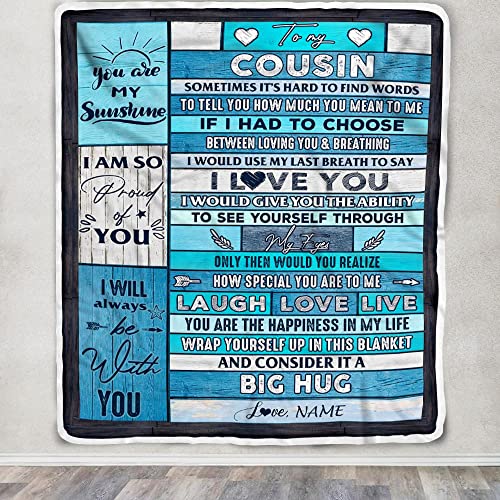 TeesNow Personalized to My Cousin Blanket from Family Wood Laugh Love Live Big Hug Cousin Birthday Graduation Christmas Customized Bed Fleece Throw Blanket (30 x 40 Inches - Baby Size)