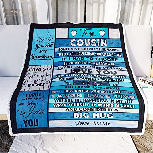 TeesNow Personalized to My Cousin Blanket from Family Wood Laugh Love Live Big Hug Cousin Birthday Graduation Christmas Customized Bed Fleece Throw Blanket (30 x 40 Inches - Baby Size)