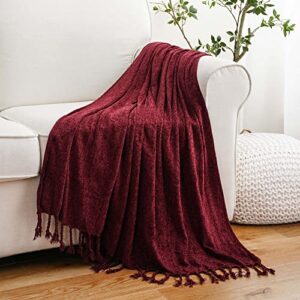 BATTILO HOME Burgundy Chenille Throw Blanket for Couch, Decorative Fringe Velvety Red Throw Blanket for Sofa Home Décor, 50"x60"