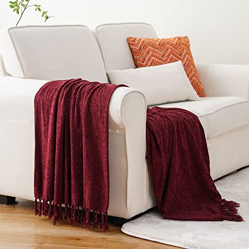 BATTILO HOME Burgundy Chenille Throw Blanket for Couch, Decorative Fringe Velvety Red Throw Blanket for Sofa Home Décor, 50"x60"