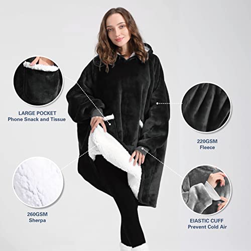 Wearable Blanket Hoodie,Super Soft Warm Plush Hooded Blanket for Adult Women Men, One Size Fits All. (Black)