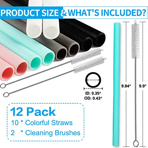 Silicone Straws Set of 10 Straight Smoothies Straws Large Silicon Reusable Drinking Straws with Cleaning Brushes Extra Long for Yeti/Rtic/Ozark 20oz and 30oz Tumbler - Flexible Chewy & Safe for Kids