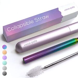 eco-pals | collapsible straw travel straw with soft silicone mouthpiece, reusable straws with case | stainless steel straws drinking reusable | dishwasher safe | +1 straw cleaning brush (unicorn)