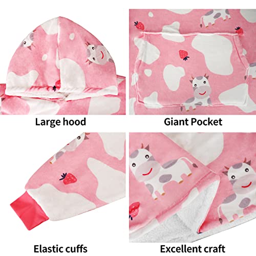 Blanket Hoodie Women Pink Cow Pattern Blanket Hoodie,Cute Strawberry Pattern Oversized Blanket Sweatshirt with Pockets for Adults,Thanksgiving Christmas Valentine Gifts for Women