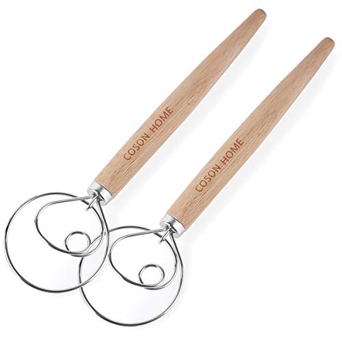 Pack of 2 Danish Dough Whisk Blender Dutch Bread Whisk Hook Wooden Hand Mixer Bread Baking Tools for Cake Bread Pizza Pastry Biscuits Tool Stainless Steel Ring 13.5 inches 0.22 lb/pcs