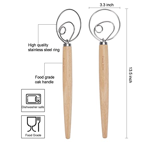 Pack of 2 Danish Dough Whisk Blender Dutch Bread Whisk Hook Wooden Hand Mixer Bread Baking Tools for Cake Bread Pizza Pastry Biscuits Tool Stainless Steel Ring 13.5 inches 0.22 lb/pcs