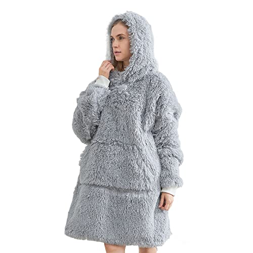 AELOS Plush Fuzzy Shaggy Faux Fur Wearable Blanket Hoodie,Luxury Sherpa Blanket Sweatshirt for Adult,Ovesized Cozy Hoodie Blanket Gifts for Women and Men,One Size Fits All(Gray)