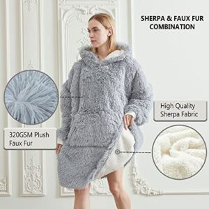 AELOS Plush Fuzzy Shaggy Faux Fur Wearable Blanket Hoodie,Luxury Sherpa Blanket Sweatshirt for Adult,Ovesized Cozy Hoodie Blanket Gifts for Women and Men,One Size Fits All(Gray)