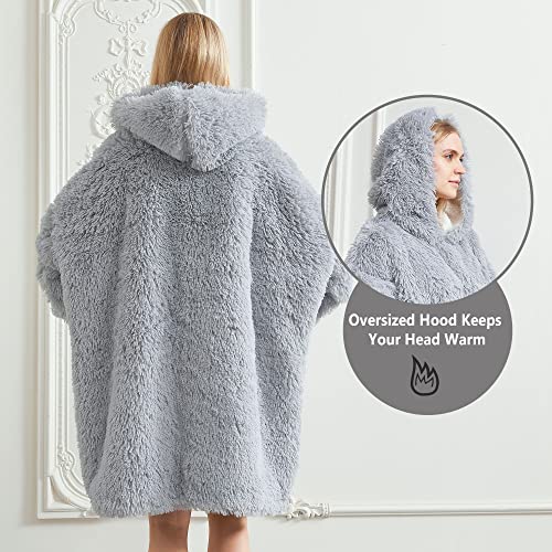 AELOS Plush Fuzzy Shaggy Faux Fur Wearable Blanket Hoodie,Luxury Sherpa Blanket Sweatshirt for Adult,Ovesized Cozy Hoodie Blanket Gifts for Women and Men,One Size Fits All(Gray)