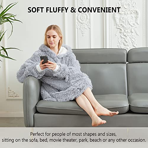 AELOS Plush Fuzzy Shaggy Faux Fur Wearable Blanket Hoodie,Luxury Sherpa Blanket Sweatshirt for Adult,Ovesized Cozy Hoodie Blanket Gifts for Women and Men,One Size Fits All(Gray)