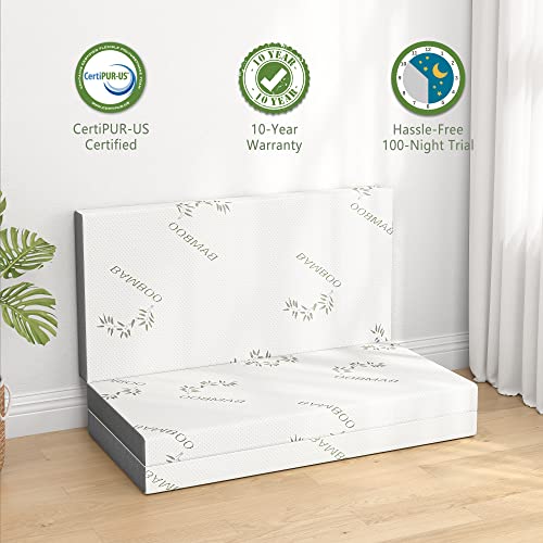 TeQsli Folding Mattress Queen, Gel Memory Foam Portable Tri-Fold Mattress Topper 4 Inch with Washable Bamboo Cover, Non-Slip Bottom, Breathable Mesh Sides for Traveling, Camping, Guest Bed