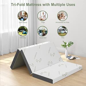 TeQsli Folding Mattress Queen, Gel Memory Foam Portable Tri-Fold Mattress Topper 4 Inch with Washable Bamboo Cover, Non-Slip Bottom, Breathable Mesh Sides for Traveling, Camping, Guest Bed