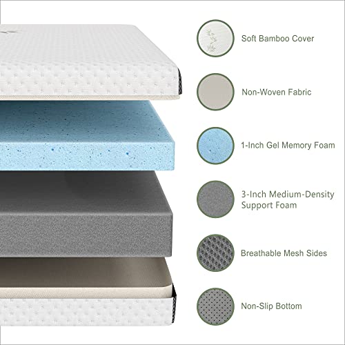 TeQsli Folding Mattress Queen, Gel Memory Foam Portable Tri-Fold Mattress Topper 4 Inch with Washable Bamboo Cover, Non-Slip Bottom, Breathable Mesh Sides for Traveling, Camping, Guest Bed