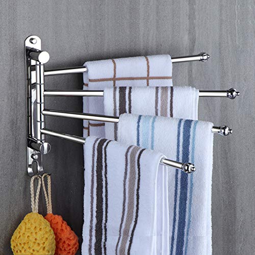 PJCSEC Swivel Towel Rack Bathroom, 14 Inch 4 Arms Wall Mount Towel Bar Holder SUS304 Stainless Steel, Rustproof 180° Rotatable for Bath Towel, Washcloths, Kitchen Dish Cloths with 2 Hooks