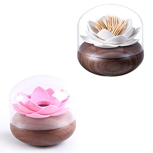 HomDSim Wooden Base Lotus Cotton Swab Holder,Cotton Bud Small Q-Tips Toothpicks Brushes Holder Box Case Storage Organizer Jar with Clear Lid Dustproof Cover