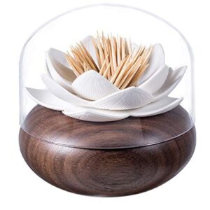 homdsim wooden base lotus cotton swab holder,cotton bud small q-tips toothpicks brushes holder box case storage organizer jar with clear lid dustproof cover