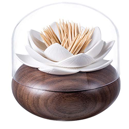 HomDSim Wooden Base Lotus Cotton Swab Holder,Cotton Bud Small Q-Tips Toothpicks Brushes Holder Box Case Storage Organizer Jar with Clear Lid Dustproof Cover