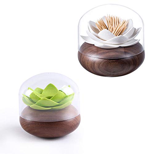 HomDSim Wooden Base Lotus Cotton Swab Holder,Cotton Bud Small Q-Tips Toothpicks Brushes Holder Box Case Storage Organizer Jar with Clear Lid Dustproof Cover