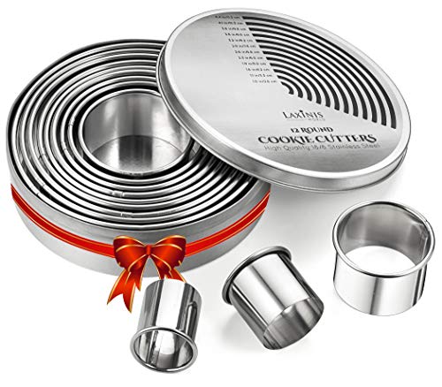 Round Cookie Biscuit Cutter Set, 12 Graduated Circle Pastry Cutters, Heavy Duty Commercial Grade 18/8 304 Stainless Steel Cookie And Dough Cutters