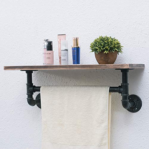 Womio Industrial Pipe Bathroom Shelves Wall Mounted with Towel Bar,19.7in Rustic Wall Decor Farmhouse,1 Tiered Towel Rack Metal Floating Shelves Towel Holder,Wall Shelf Over Toilet