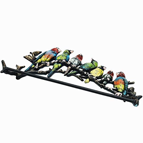 Sungmor 12 Inch Cast Iron Pipe Towel Bar Wall Mounted Hanging Rack with 7 Multi- Color Birds - Unique Design Rustic Style Bathroom Towel Hanger - Ideal for Home Farmhouse Villa