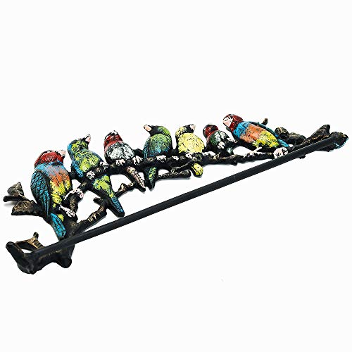 Sungmor 12 Inch Cast Iron Pipe Towel Bar Wall Mounted Hanging Rack with 7 Multi- Color Birds - Unique Design Rustic Style Bathroom Towel Hanger - Ideal for Home Farmhouse Villa