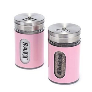 salt and pepper shakers stainless steel and glass set with adjustable pour holes (pink)