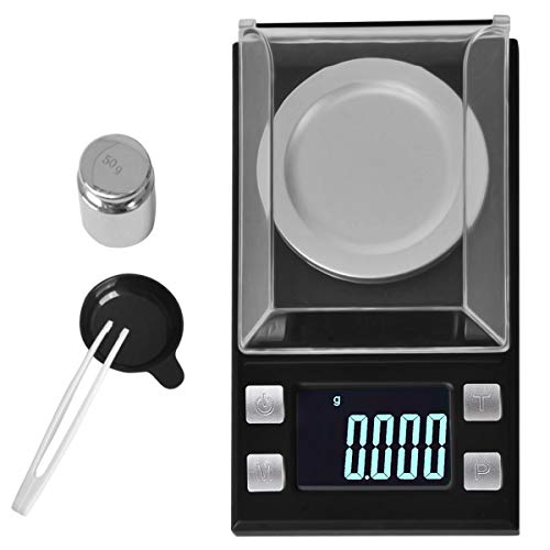 Digital Pocket Scale 50 x 0.001g, Mini Jewelry Gold Lab Carat Powder Weigh Scales with Calibration Weights Tweezers, Weighing Pans, LCD Display